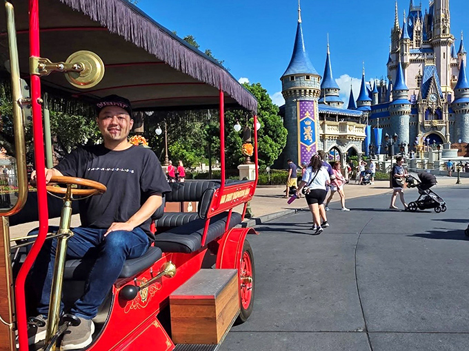 Main Street transportation offers a nostalgic approach to the castle, proving sometimes the journey really is as delightful as the destination.
