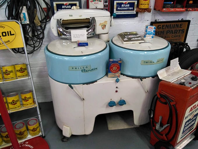 The Philco Bendix twins stand ready for laundry day – when washing clothes was an upper-body workout that burned more calories than spin class.