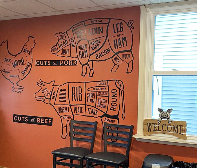 Meat diagrams on the wall serve as both education and anticipation &ndash; a delicious anatomy lesson that makes your stomach growl in response.