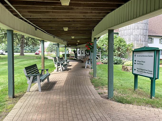 The covered walkway connects various buildings like a culinary campus, where each destination offers its own delicious curriculum.