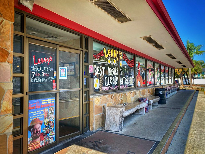 The entrance proudly announces Lenny's as "Best Breakfast in Clearwater"&mdash;a bold claim backed by decades of satisfied customers and empty plates.