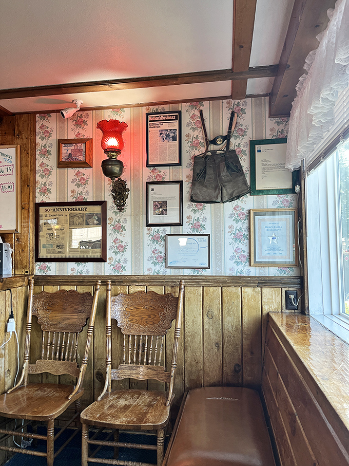 Waiting area or time machine? The vintage chairs and floral wallpaper transport you to a simpler time when breakfast reigned supreme.