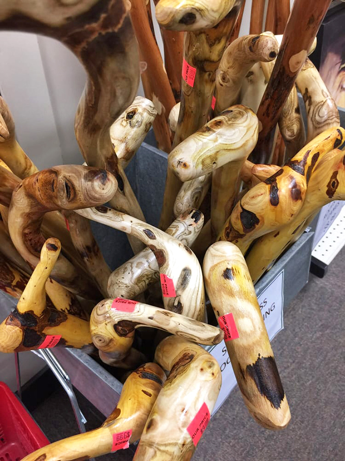 Hand-carved walking sticks that look like folk art and function like the support system your hiking needs.