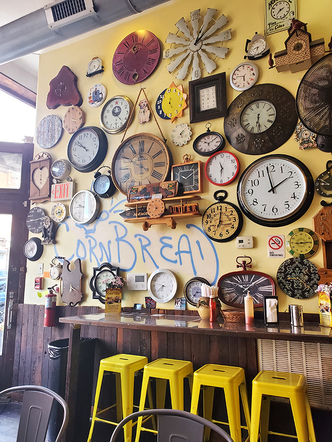 That whimsical clock collection reminds everyone that good food is always worth taking your sweet time.