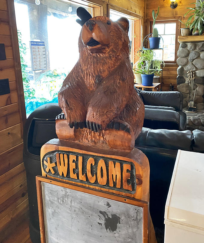 The cafe's wooden bear greets visitors with a permanent smile, as if to say, "Yes, the pancakes really are that good."