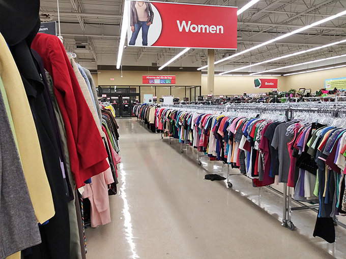 The women's department: where fashion trends from every decade coexist in peaceful, color-coded harmony.