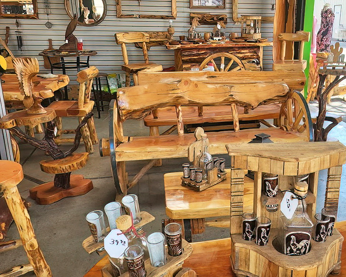 Rustic furniture that screams "mountain cabin chic!" These handcrafted wooden pieces bring authentic Colorado wilderness vibes to suburban living rooms everywhere.