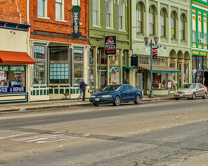 Lakeport's charming street and classic cars parked near astonishing establishments.