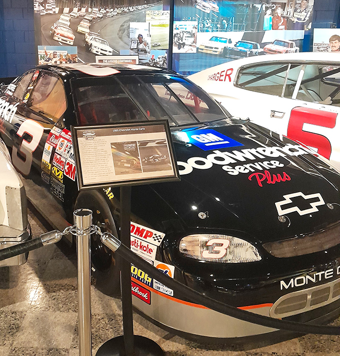 The intimidating #3 lives on. Dale Earnhardt's Monte Carlo sits menacingly in black, still commanding respect as NASCAR's most iconic color scheme.