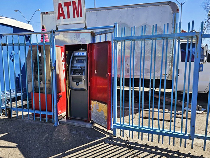The swap meet ATM&mdash;fortress of cash surrounded by blue bars. The modern oasis for shoppers who forgot the golden rule: bring cash!
