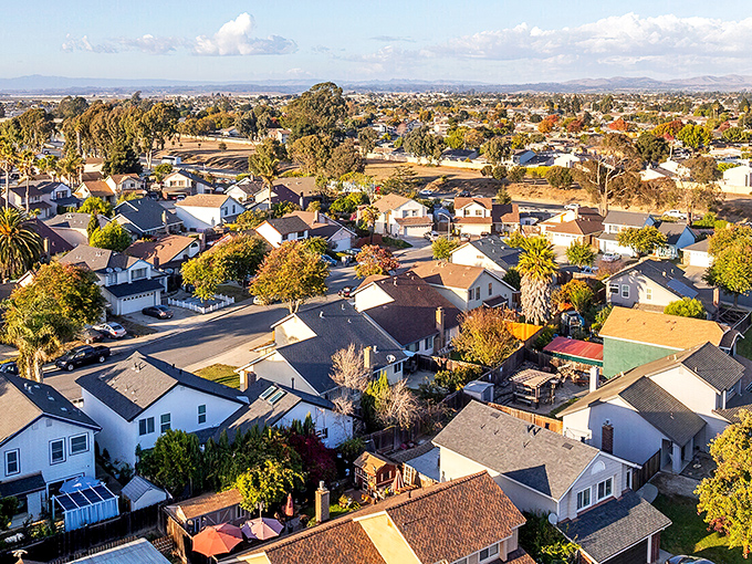 From above, Boron's residential neighborhoods reveal surprising greenery, proving desert dwellers can create oases with determination and water rights.