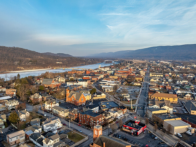 From above, Lock Haven reveals its perfect positioning between river and mountains. Nature didn't just surround this town&mdash;it embraced it.