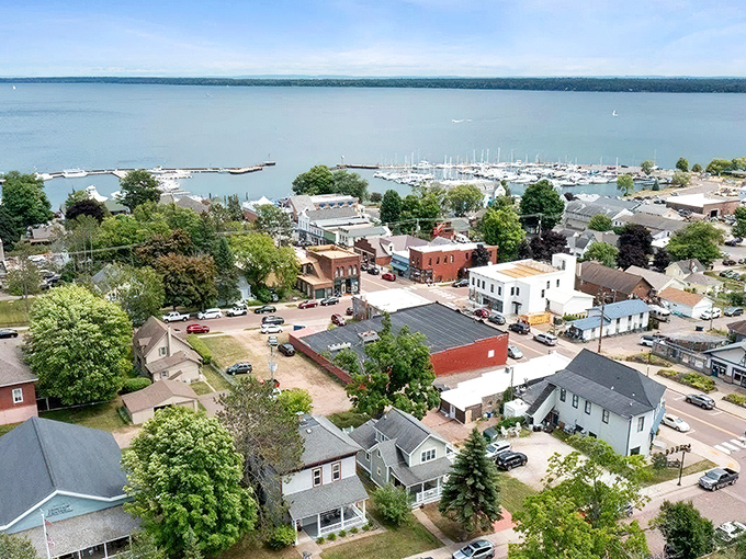 From above, Bayfield reveals its perfect positioning on Lake Superior's shore, with the harbor, downtown, and residential areas creating a postcard-worthy scene.