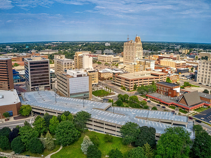 Aerial view shows a city laid out sensibly, where getting lost requires actual effort and determination.