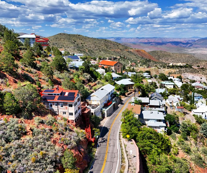 From above, Jerome resembles a village that started sliding down the mountain and then thought better of it.