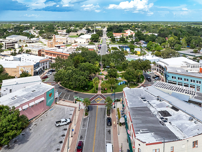 The Circle's distinctive layout, visible from above, serves as Sebring's unique fingerprint&mdash;a town literally built around community at its center.