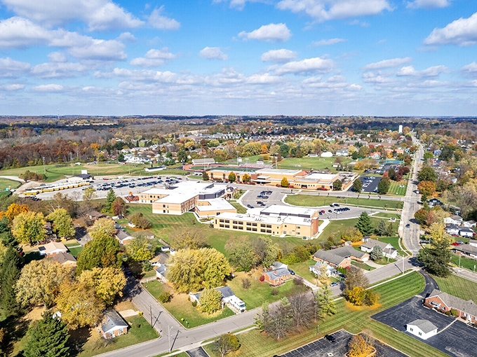 From above, Waynesville reveals itself as a perfect balance of small-town charm and natural beauty, nestled in Ohio's rolling landscape.