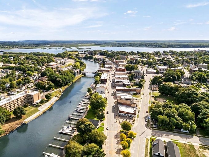 From above, Manistee reveals its perfect positioning &ndash; a town embraced by river and lake, with nature's bounty just beyond its orderly streets.