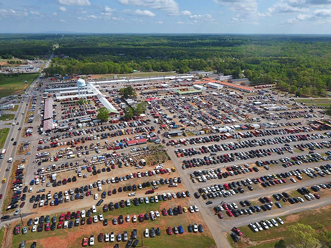 The bird's-eye view reveals the true scale of this shopping metropolis. Each tiny car represents someone on a mission for that perfect find.