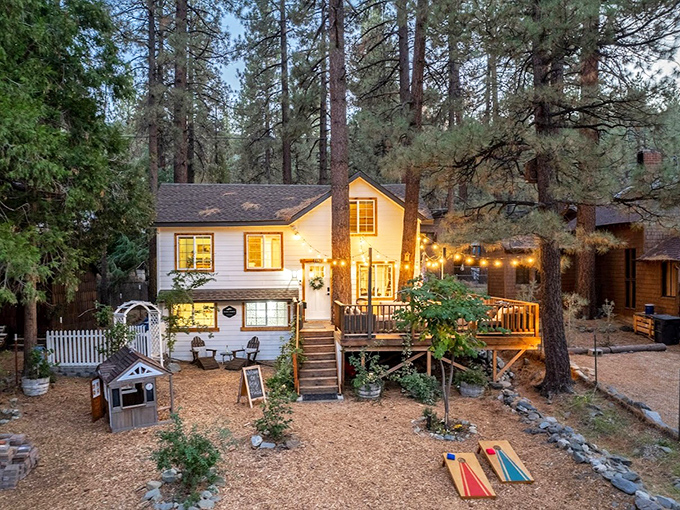 String lights and a welcoming porch &ndash; because mountain homes understand that ambiance doesn't require a complicated app or remote control.