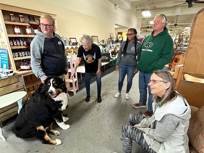 Community in action&mdash;volunteers, visitors, and four-legged friends creating the warm atmosphere that makes this more than just a store.