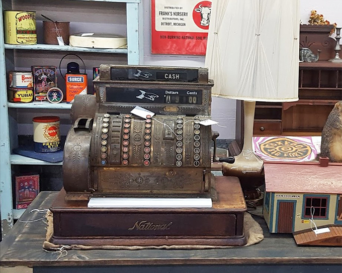 This antique National cash register once tallied the daily bread of some small-town business. The satisfying "ka-ching" of commerce, beautifully preserved.