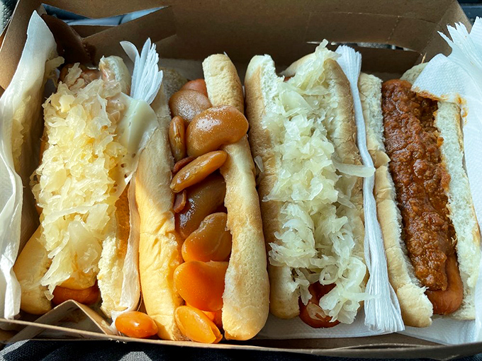 A cardboard treasure chest of various dogs&mdash;the culinary equivalent of a greatest hits album where every track is a chart-topper.