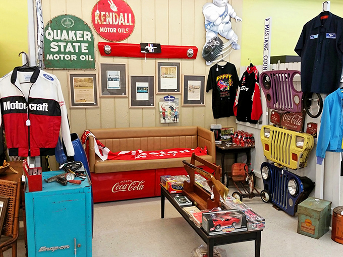 Automotive memorabilia that takes you straight back to Route 66 and simpler times. That Coca-Cola bench has stories.