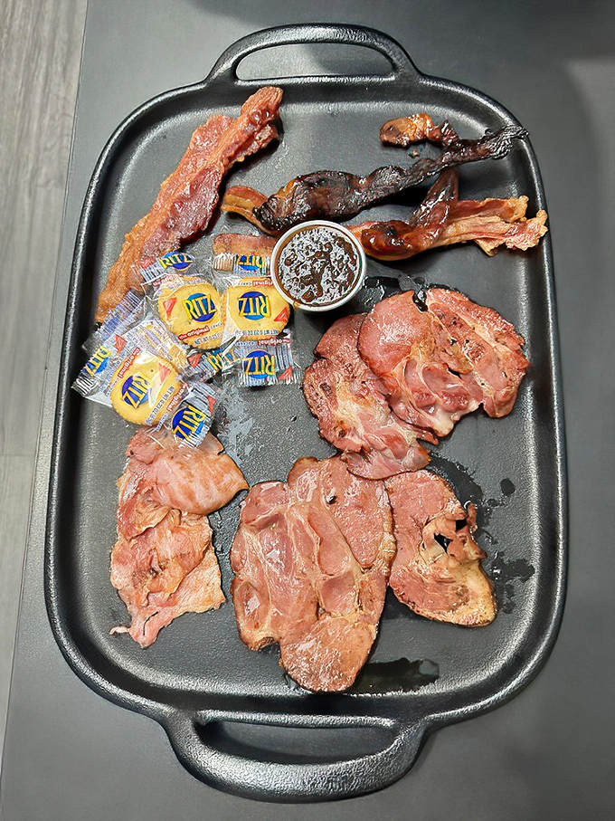 The bacon sampler plate: a shrine to pork in all its glorious forms, proving that bacon isn't just a food&mdash;it's a lifestyle choice.