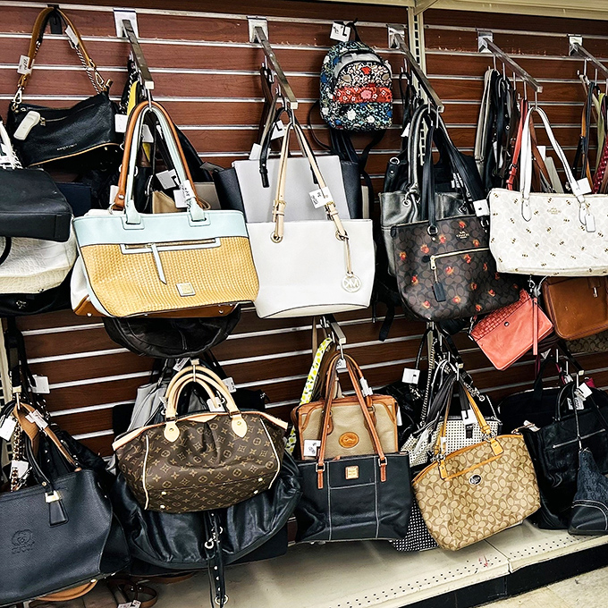 Handbag heaven where designer labels hide in plain sight. Spot the luxury brands nestled among everyday options for the ultimate thrift win.