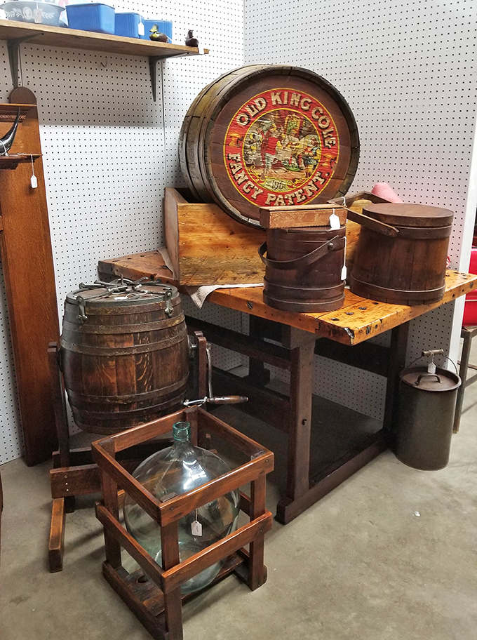 Wooden barrels and vintage crates transport you to a time when packaging was an art form. That Old King Cole barrel deserves center stage!