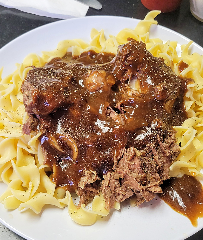 Beef tips and noodles—where tender meat and gravy perform a slow dance across egg noodles in what can only be described as comfort food choreography.
