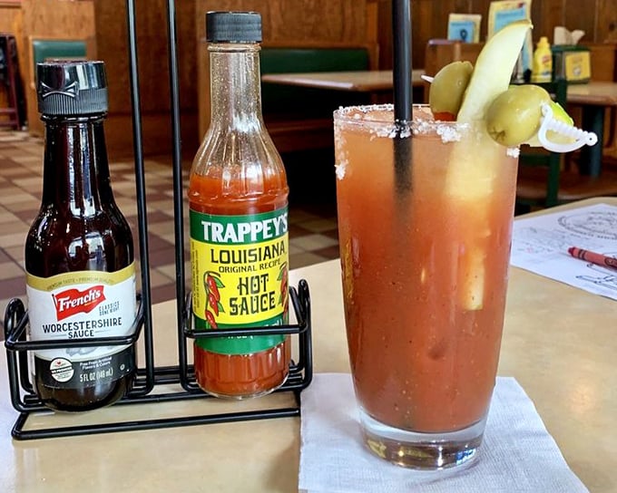 The Bloody Mary arrives with proper garnishes and hot sauce on standby&mdash;because some mornings require serious reinforcements.