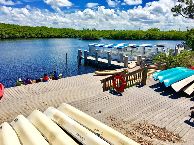 Colorful kayaks await their next adventure on the dock. Water taxis to wilderness, no Uber app required.