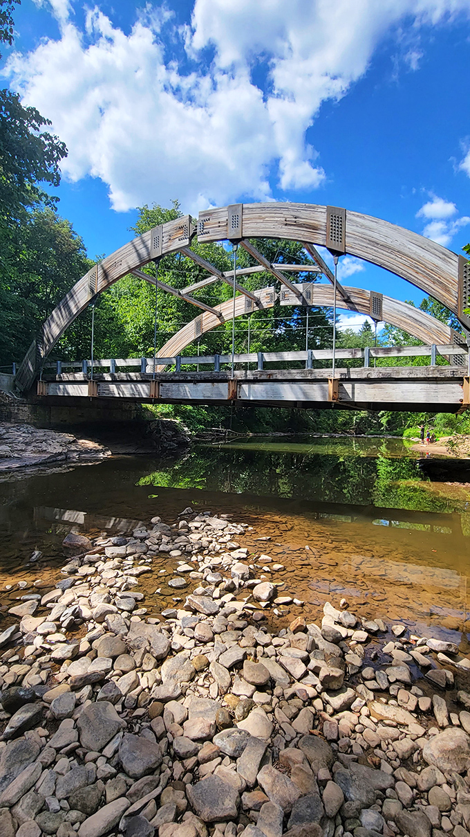 Engineering meets enchantment. The suspension bridge arches gracefully over Great Trough Creek, inviting visitors to cross into adventure while testing their courage.