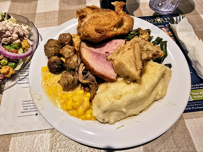 A buffet plate that tells the story of someone who approaches life with admirable enthusiasm and zero restraint. Balance achieved through variety!