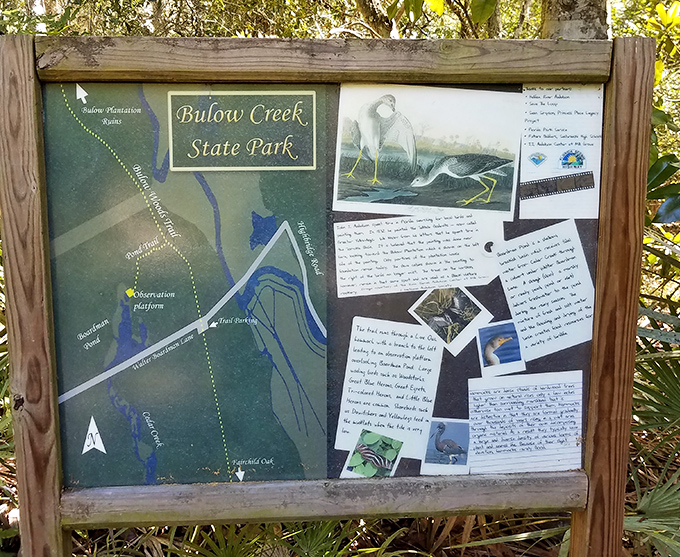 X marks the spot for explorers. This weathered map board offers orientation for adventurers ready to discover the interconnected waterways and trails of Bulow Creek's ecosystem.