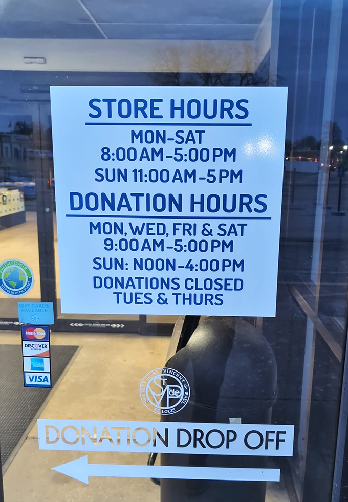 The rulebook for thrift success &ndash; store hours posted clearly for those who plan their bargain hunting expeditions with military precision.