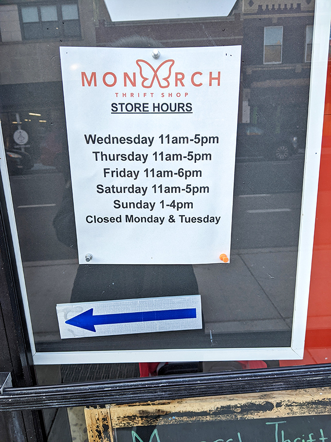 The roadmap to thrifting success&mdash;store hours clearly posted for planning your bargain hunting expeditions. Sunday afternoons were made for this.