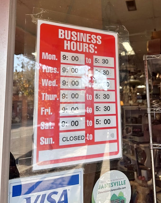 The store hours sign &ndash; your roadmap to retail therapy. Monday through Saturday, Carousel Consignments stands ready for your treasure-hunting pleasure.
