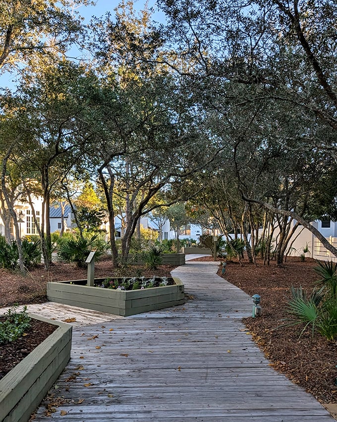 Wooden pathways meander through native landscaping, connecting neighborhoods while preserving natural beauty. Florida's version of a yellow brick road.