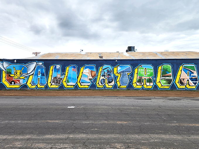 Vibrant street art spells out "CALIPATRIA" in a kaleidoscope of colors, proving that artistic expression flourishes even in the most unexpected corners of the California desert.