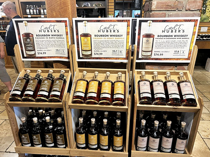 Bourbon bottles standing at attention like delicious soldiers, ready to march straight into your shopping bag and home bar.