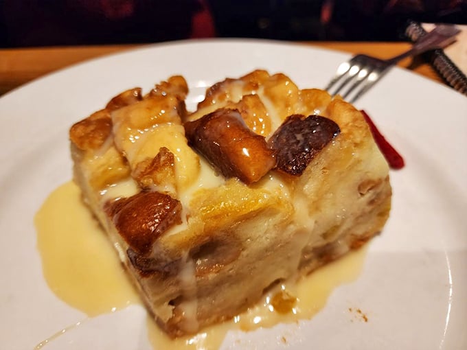The Caribbean Bread Pudding provides a sweet landing to your meal—warm, custardy perfection topped with a sauce that's worth extending your stay for dessert.