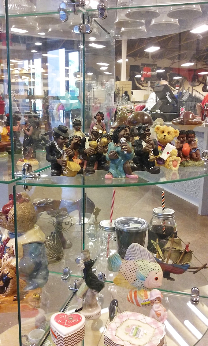 Glass display cases protect collectible figurines and knickknacks that somehow survived decades without being knocked off a shelf by a cat.
