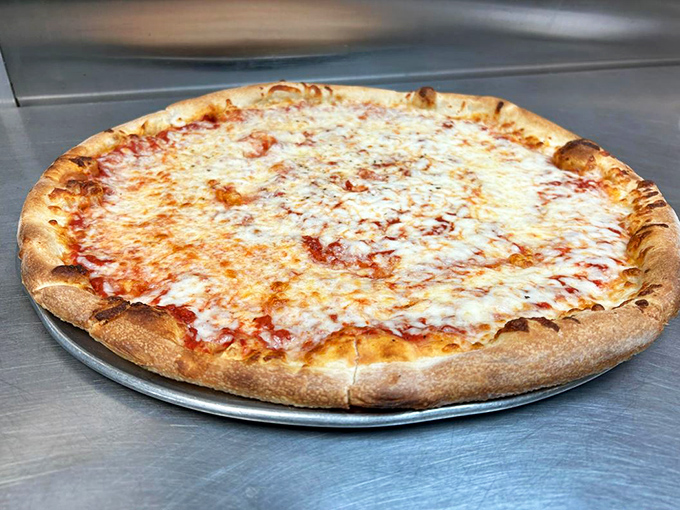 The platonic ideal of a cheese pizza &ndash; golden crust, vibrant sauce, and cheese melted to perfection. Sometimes simplicity wins.