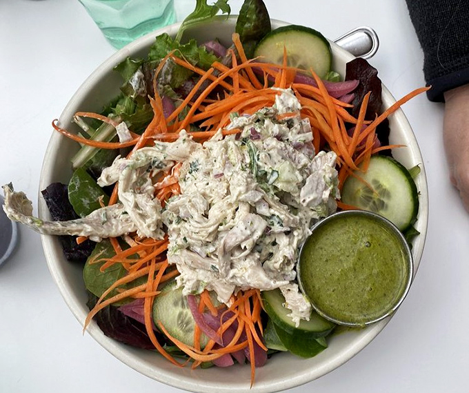 A chicken salad that defies the sad desk lunch stereotype. Fresh, vibrant, and served with a side of green goddess dressing that lives up to its divine name.