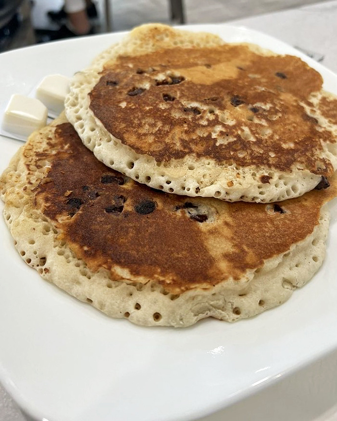 Chocolate chip pancakes with the perfect bubble structure&mdash;fluffy islands of breakfast joy that make mornings worth facing.