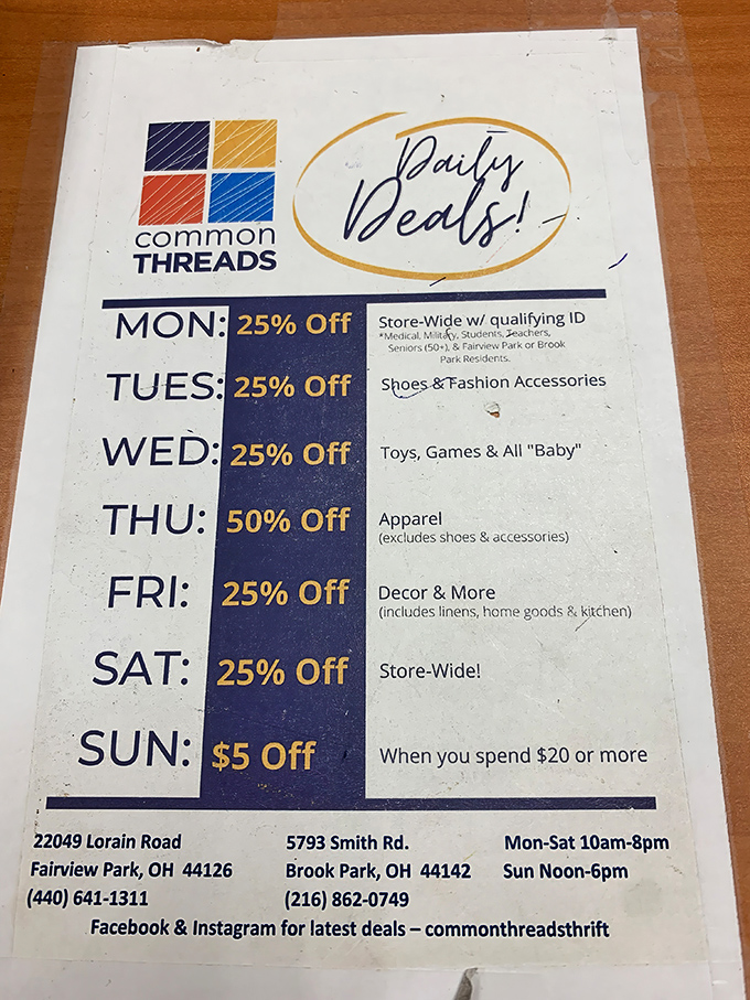 The deal calendar that should be synchronized with your phone's reminders. Thursday's 50% off apparel day is worth rescheduling a dentist appointment!