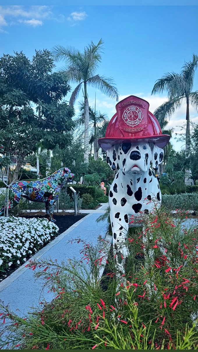 This dalmatian firefighter proves heroes come in all forms. Standing tall in its red helmet, it's ready for both emergencies and photo ops.